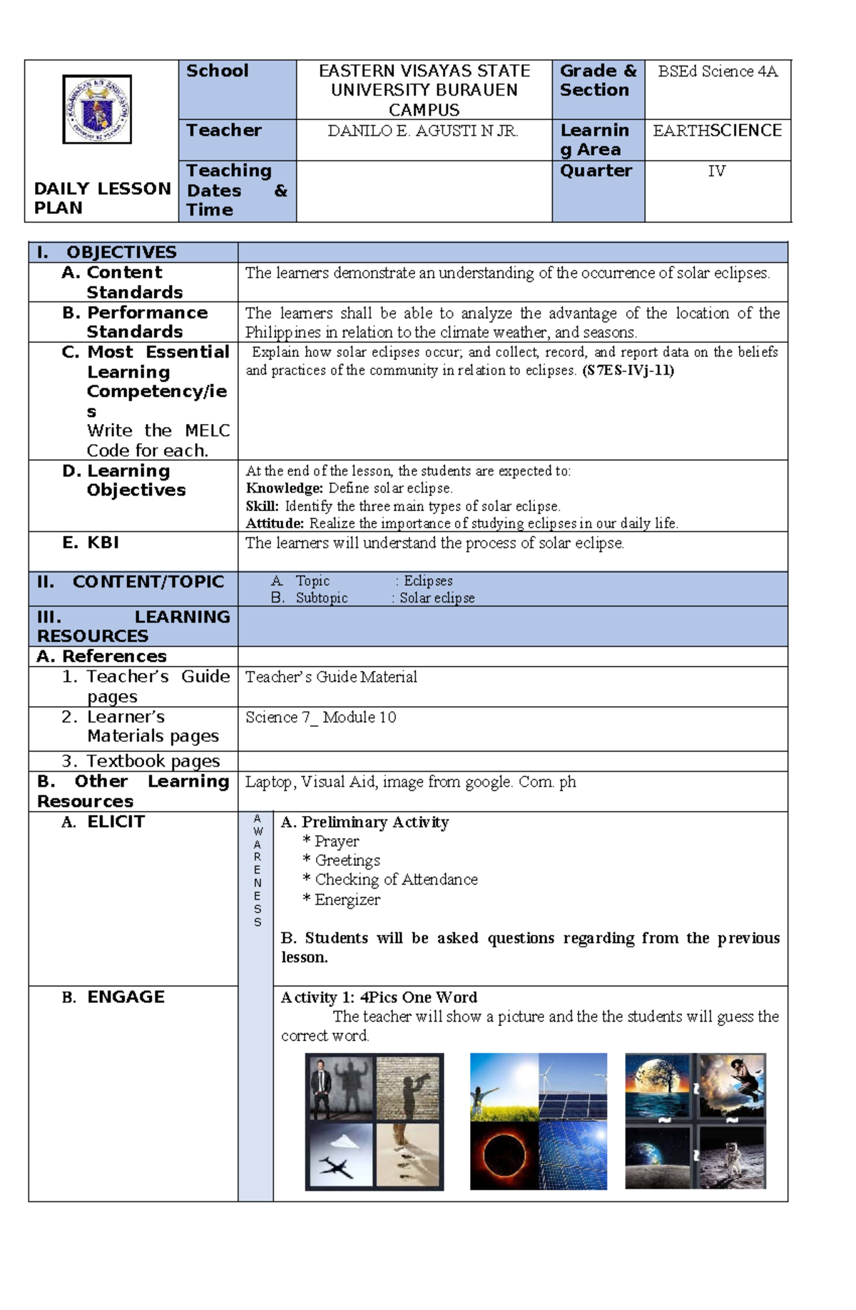 7ES LP IN Science Solar Eclipse - DAILY LESSON PLAN School EASTERN ...