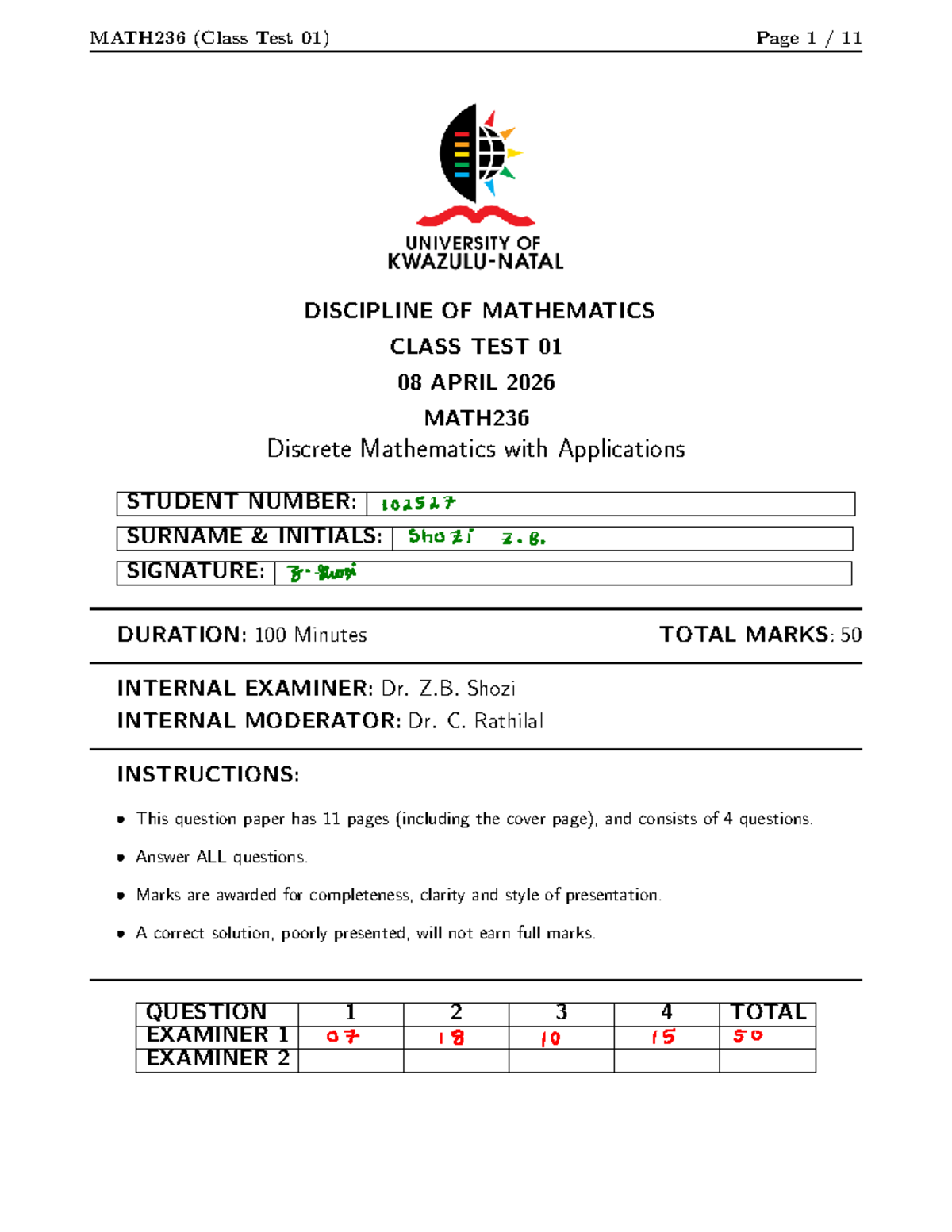 MATH236 (Class Test 01) Memo Annotations - April 2026 - Studocu