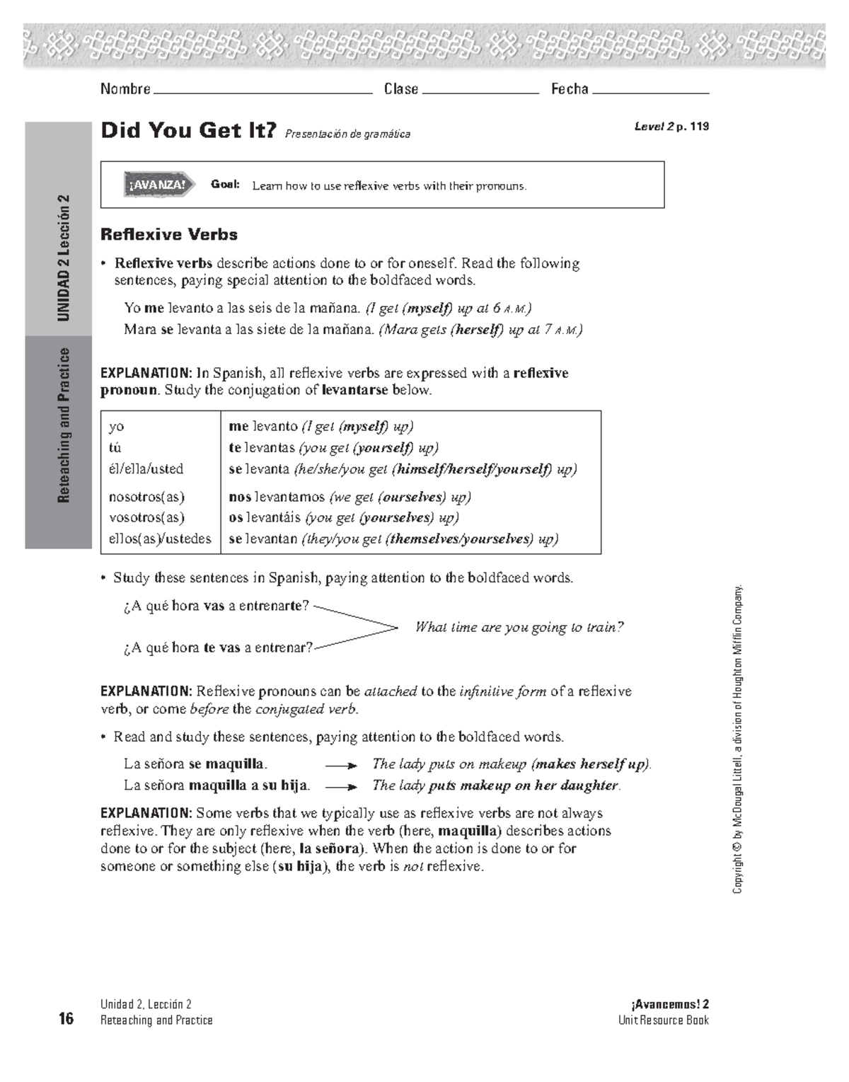 ¡Avancemos! 2 Unidad 2 Lección 2 - Práctica de Verbos Reflexivos - Studocu