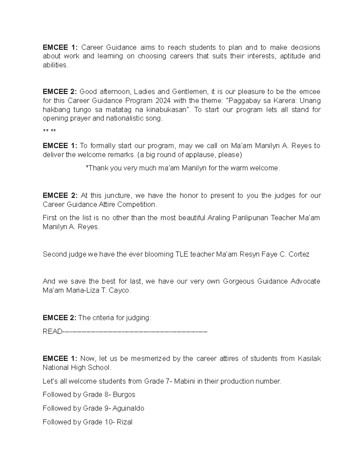 Career Guidance Program 2024 Script: Paggabay sa Karera - Studocu