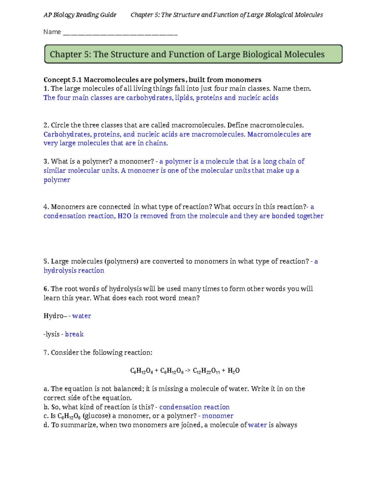 AP Biology Reading Guide (APBIO) Chapter 4: Carbon's Molecular ...