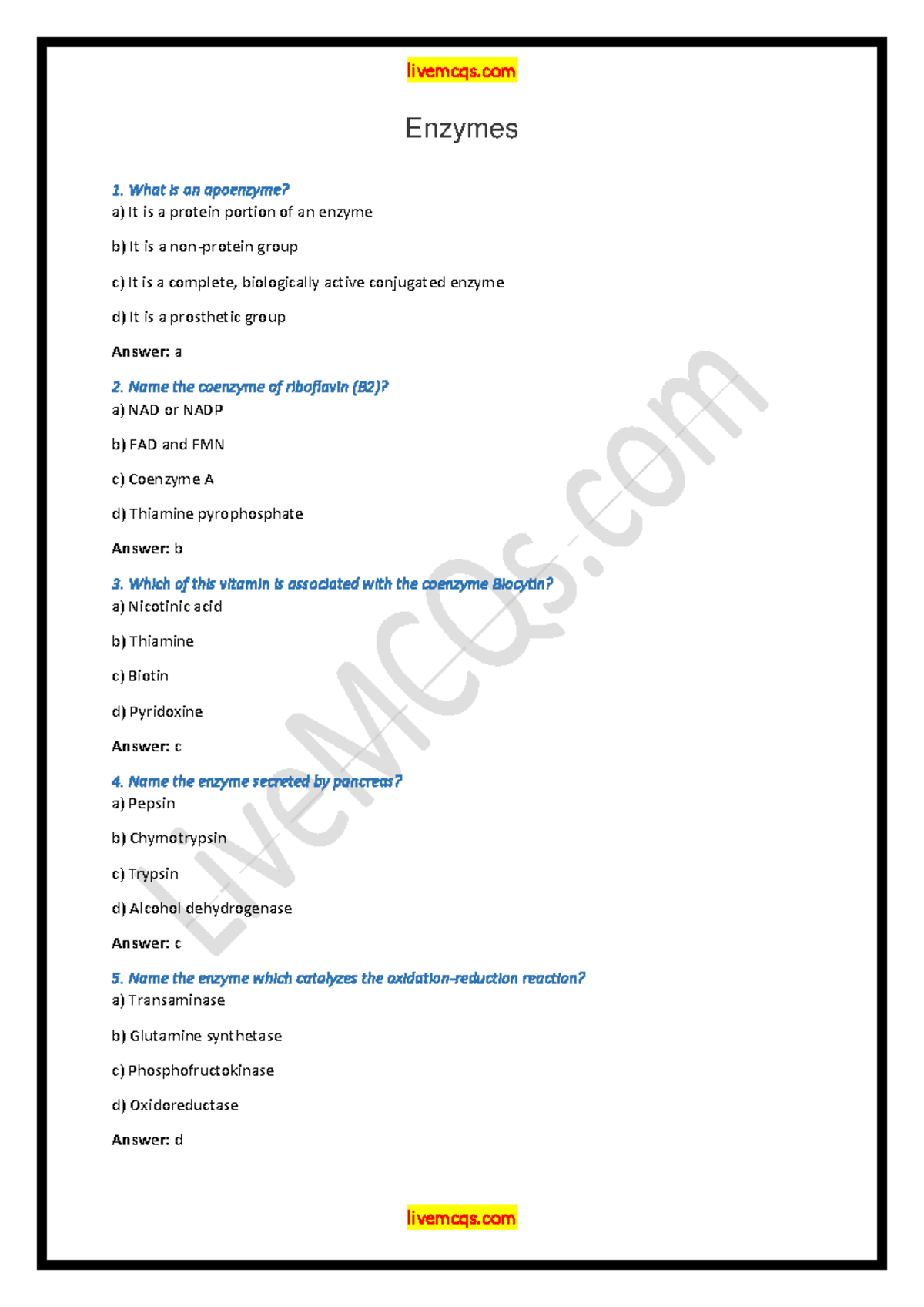 Enzymes MCQs - A Comprehensive Quiz on Enzymology Concepts - Studocu