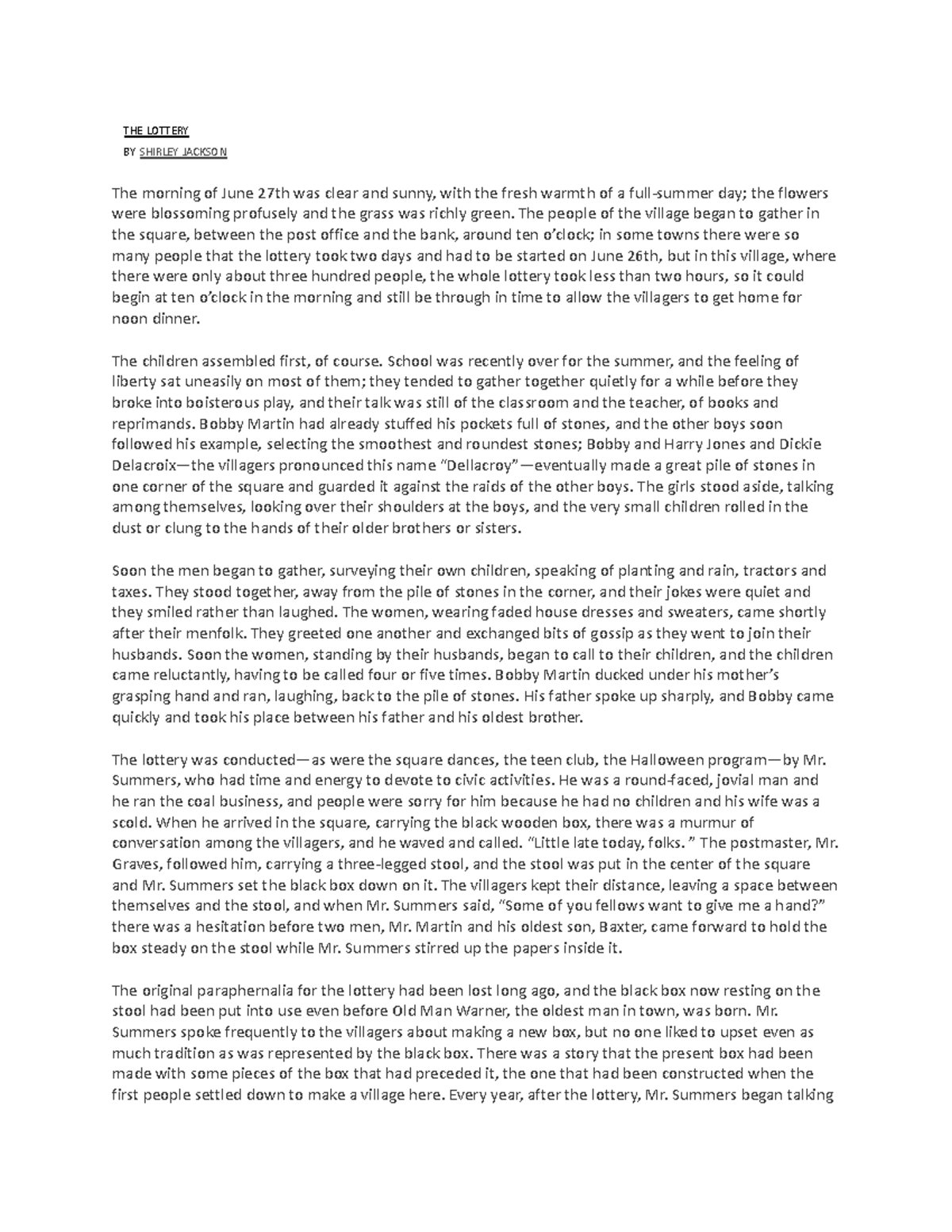 The Lottery (ENG 101) - Story Analysis and Quiz Notes - Studocu