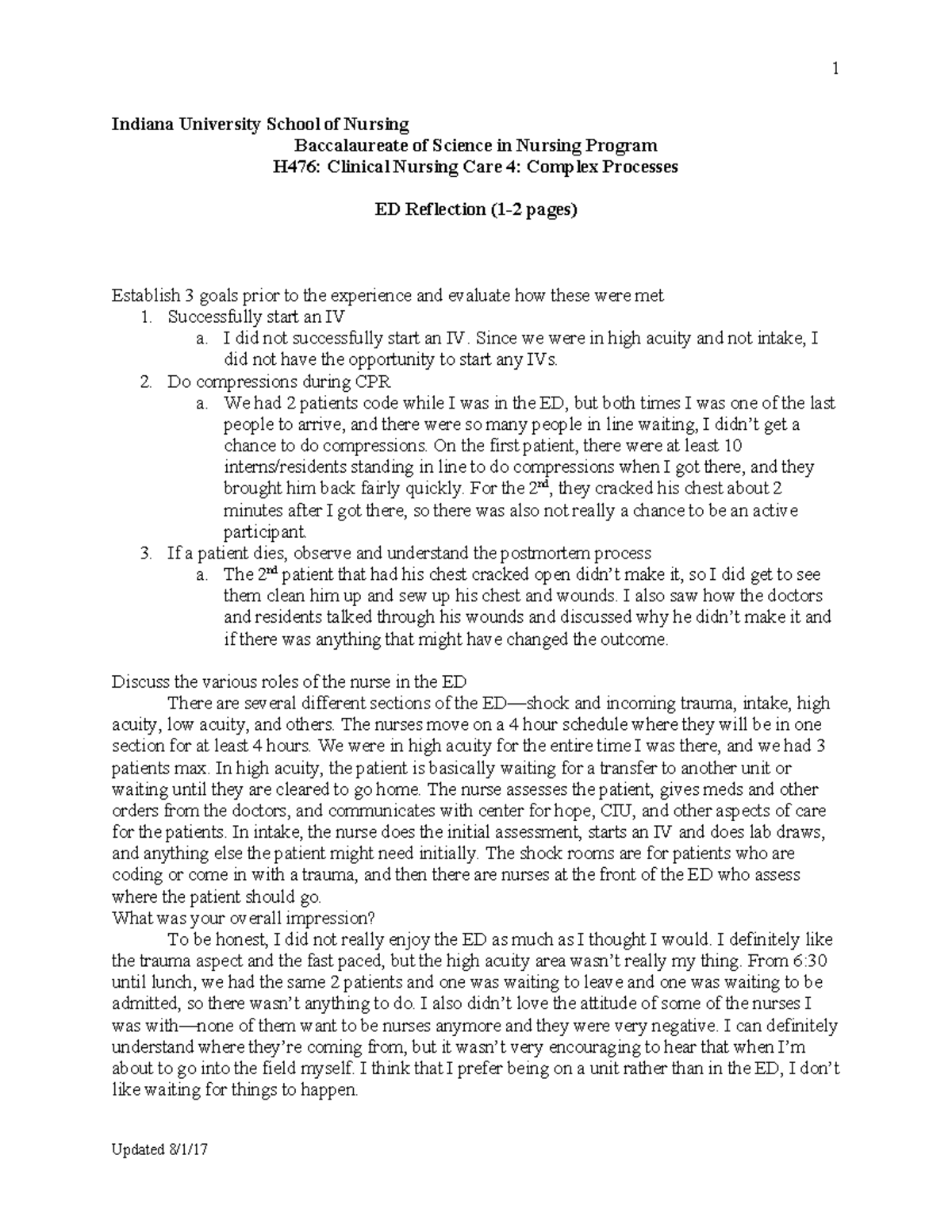 H476: ED Reflection Paper - Goals and Experiences in Clinical Nursing ...