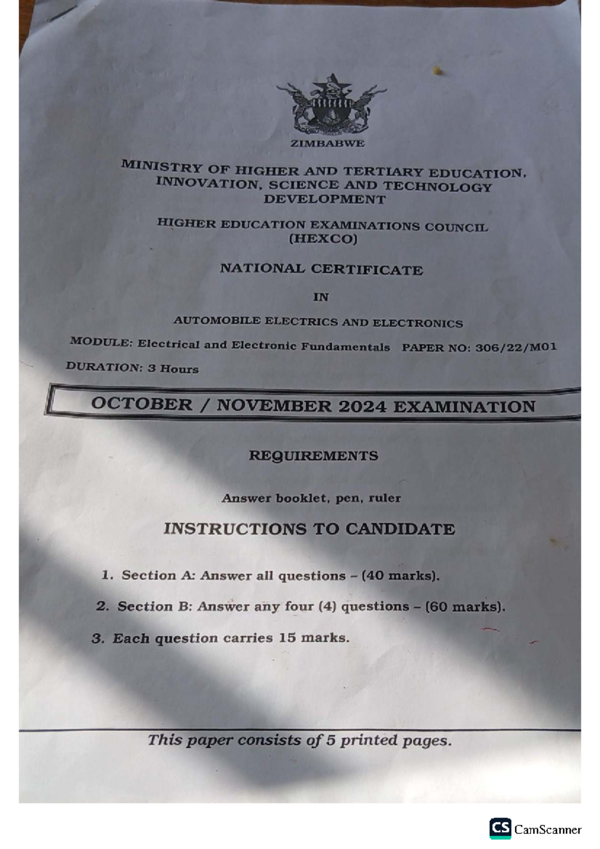 CS National Certificate in Automobile Electrics & Electronics Exam ...