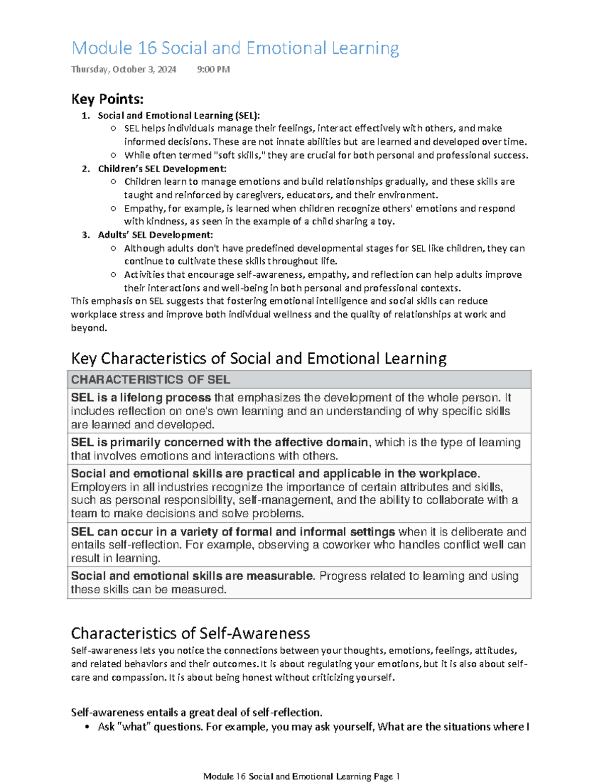 Module 16 Social and Emotional Learning - Key Points: Social and ...