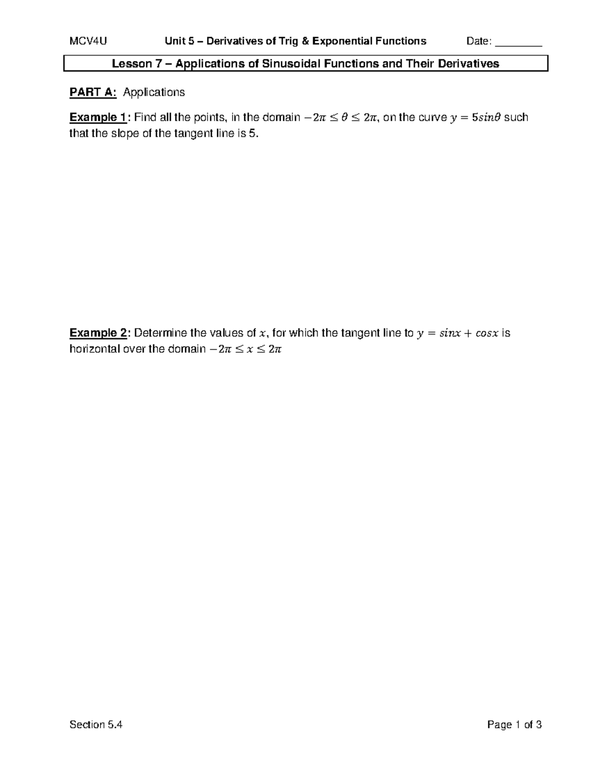 MCV4U Lesson 7: Applications of Sinusoidal Functions & Derivatives ...