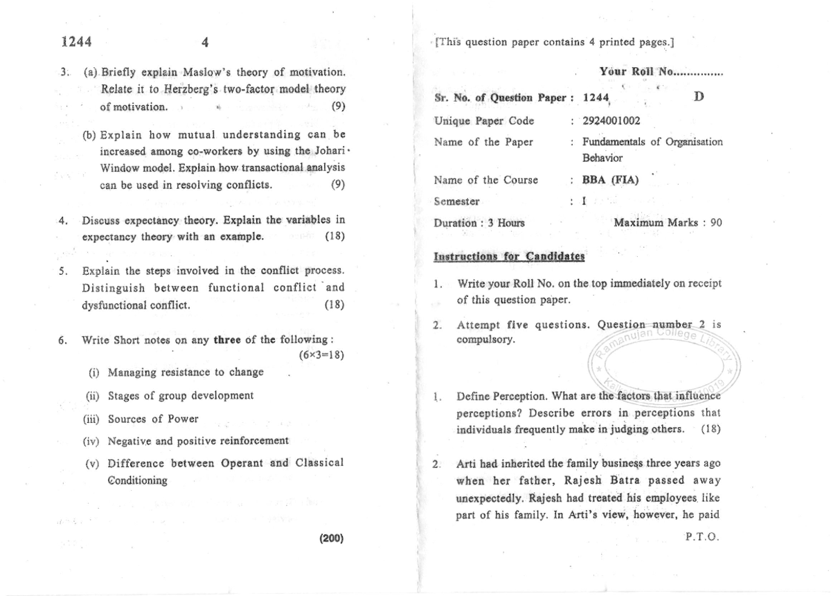 GE OB PYQ - BBA (FIA) Previous Year Question Paper on Motivation & Conflict - Studocu