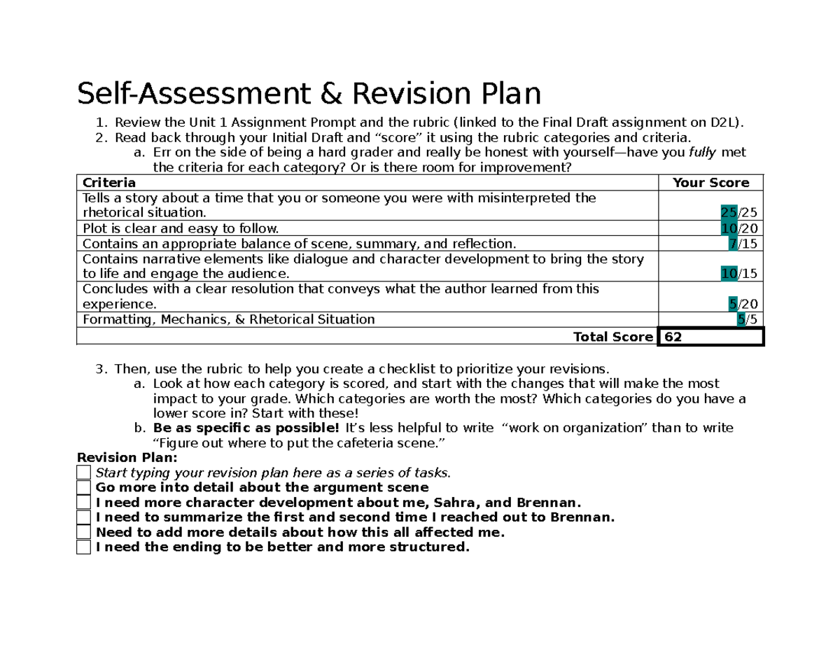 Self-Assessment Revision Plan for ENG 101 Final Draft - Studocu