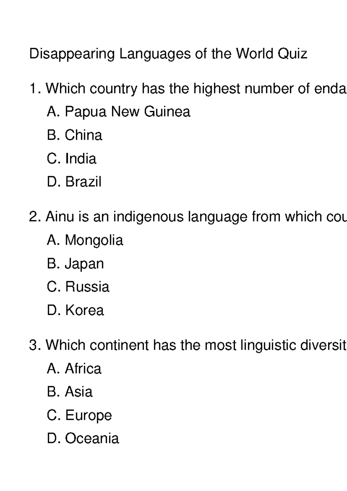 Disappearing Languages of the World Quiz 1: Key Questions & Answers ...