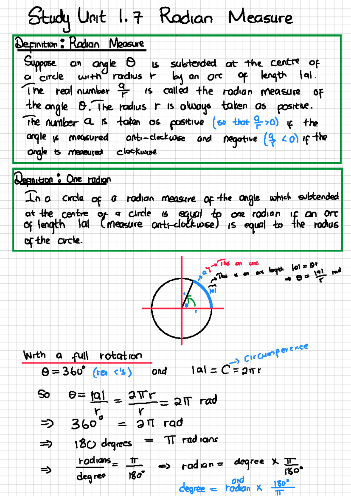 Study Unit 1: Radian Measure and Trigonometric Functions - Studocu