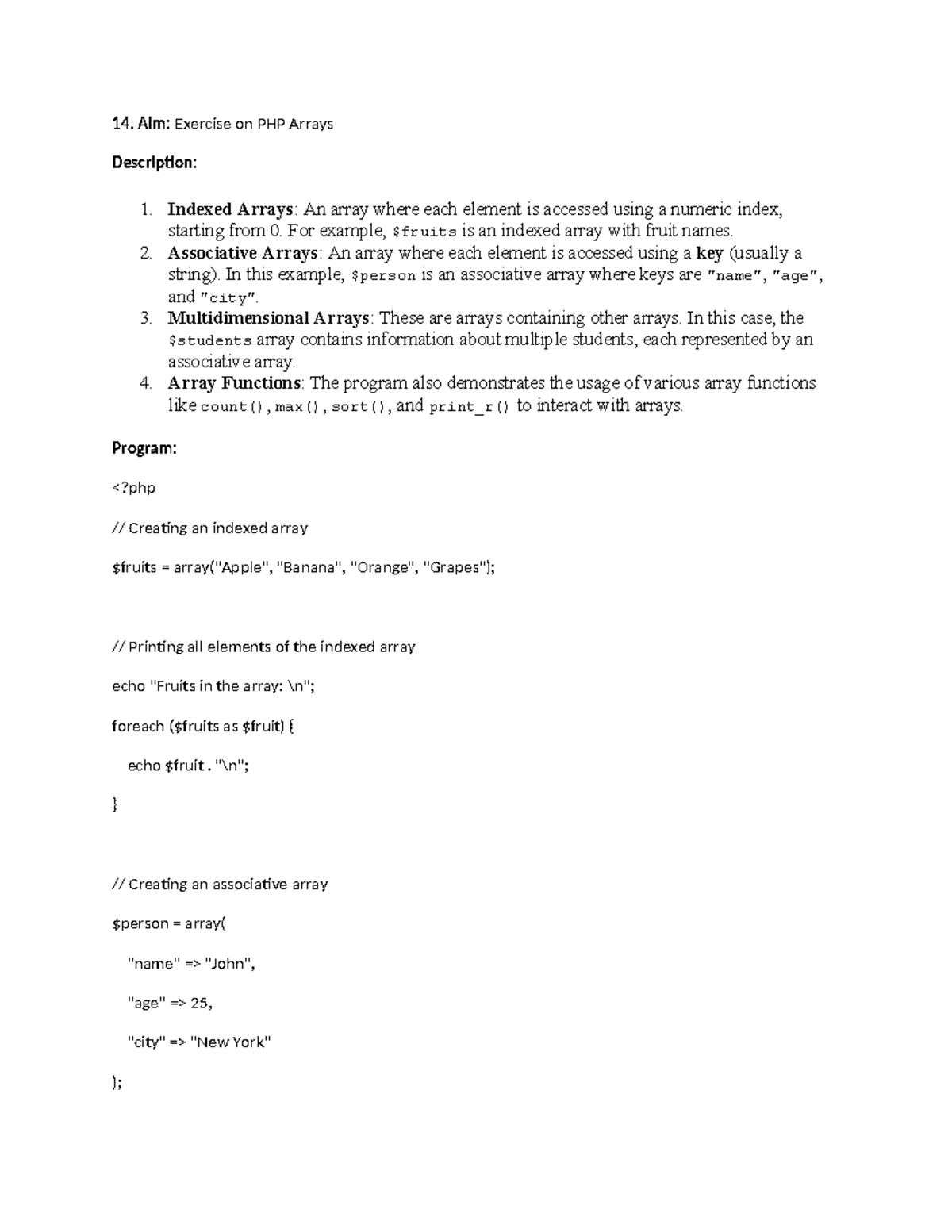 PHP Arrays and Form Handling: Exercises and Operations (ARIF.PHP) - Studocu