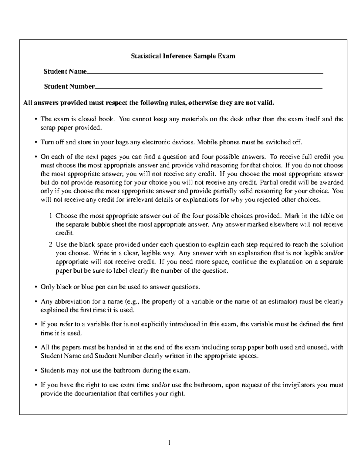 Statistical Inference Sample Exam Solutions (STAT 101) - Studeersnel