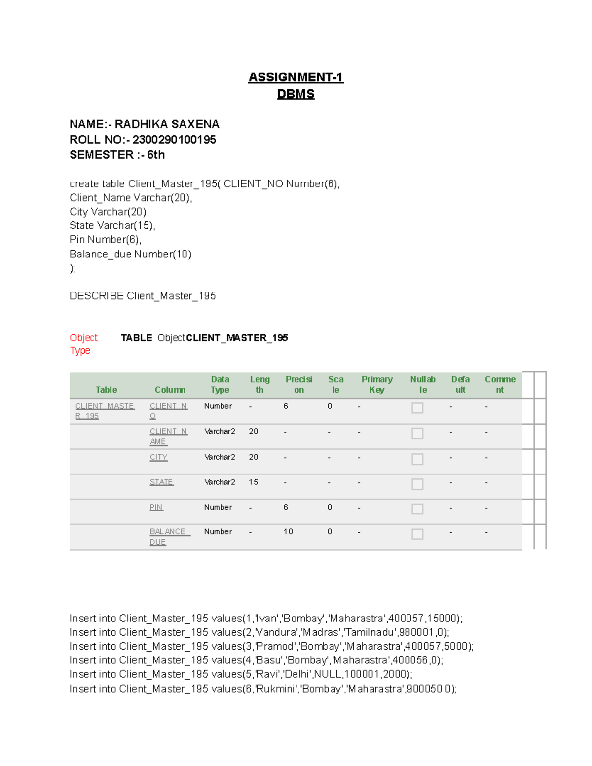 DBMS Assignment 1: Client and Product Master Tables Creation - Studocu