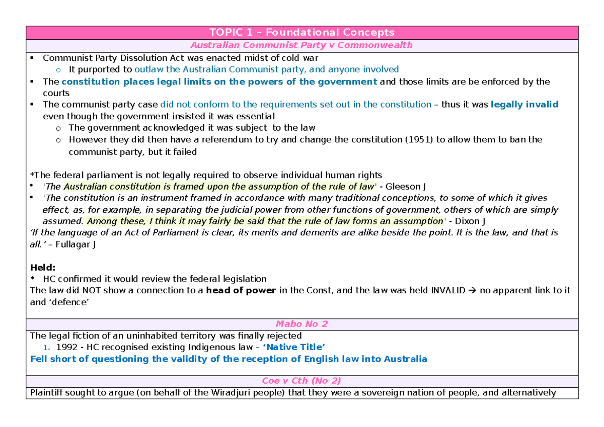 Constitutional Law Case Summaries: Key Cases & Principles (LAWS101 ...