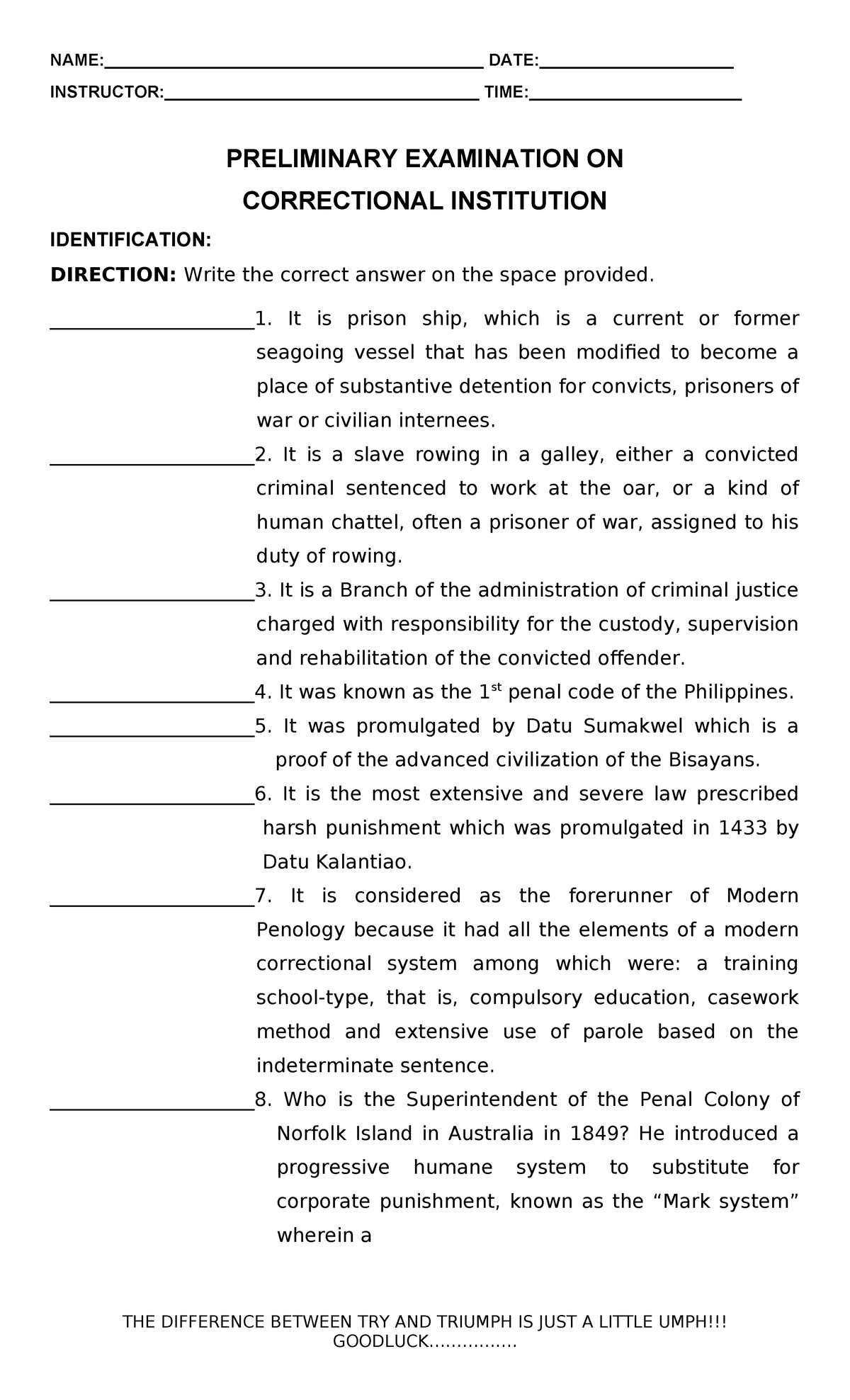 Exam prelim CA1 - exam correction - NAME ...