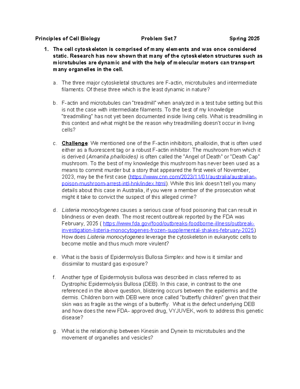Principles of cell biology problem set 7: Cytoskeleton dynamics and ...