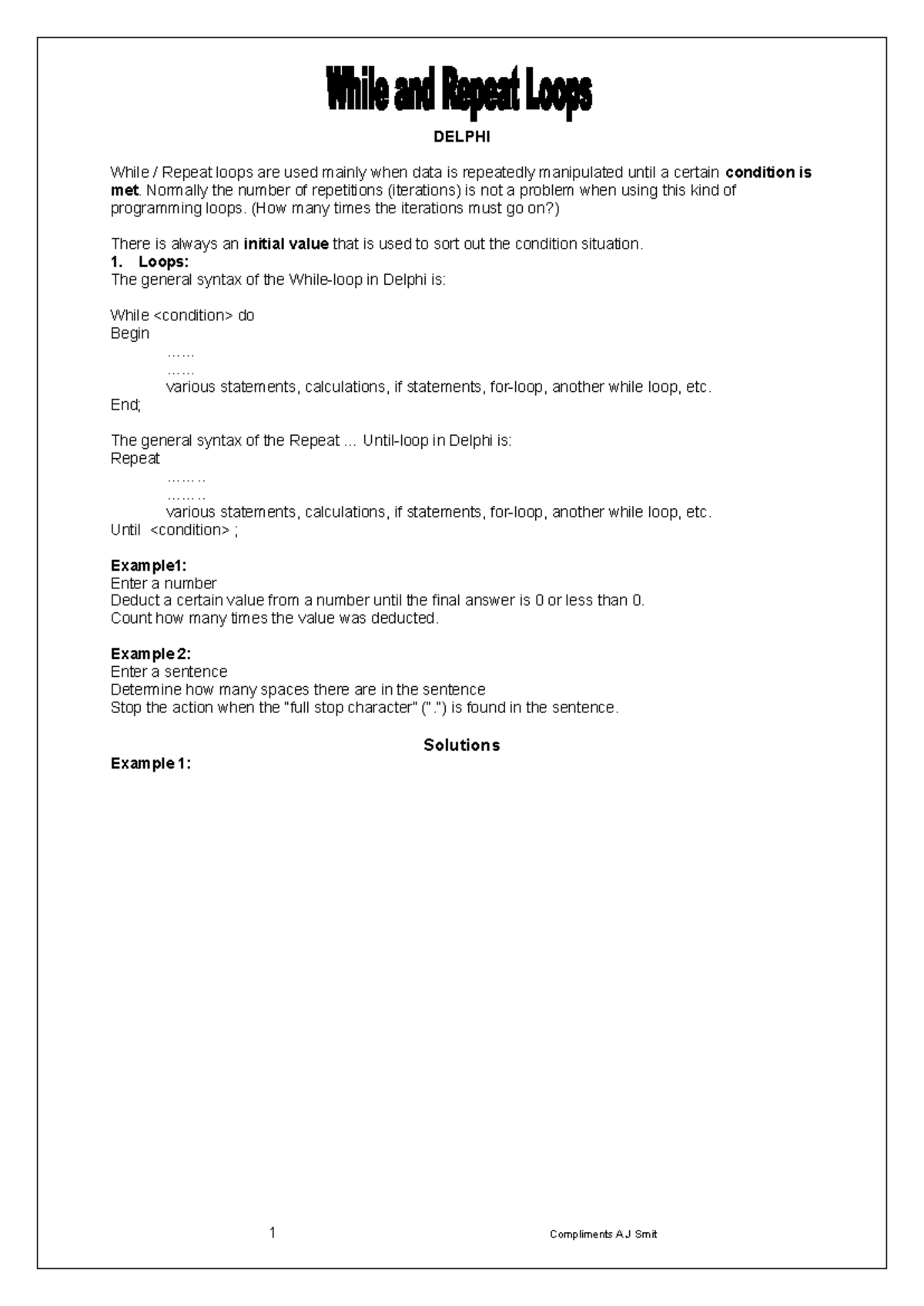 While and Repeat Loops in Delphi Programming (CS101) - Studocu