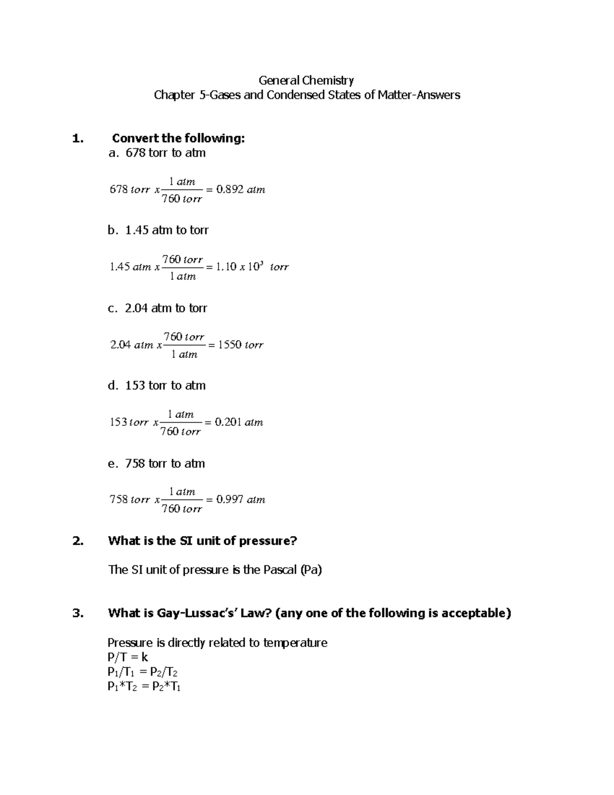 CHM 110 Gases Worksheet Answer Key for Chapter 5 - Studocu