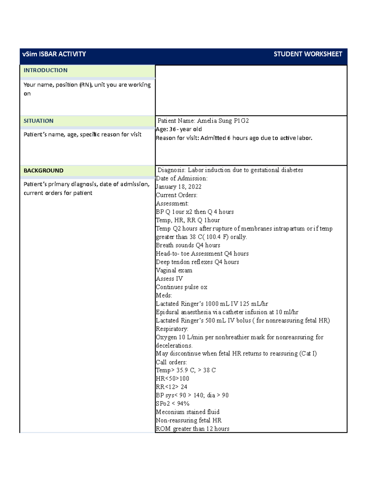 SBAR Worksheet for Patient Amelia Sung - vSim Activity - Studocu