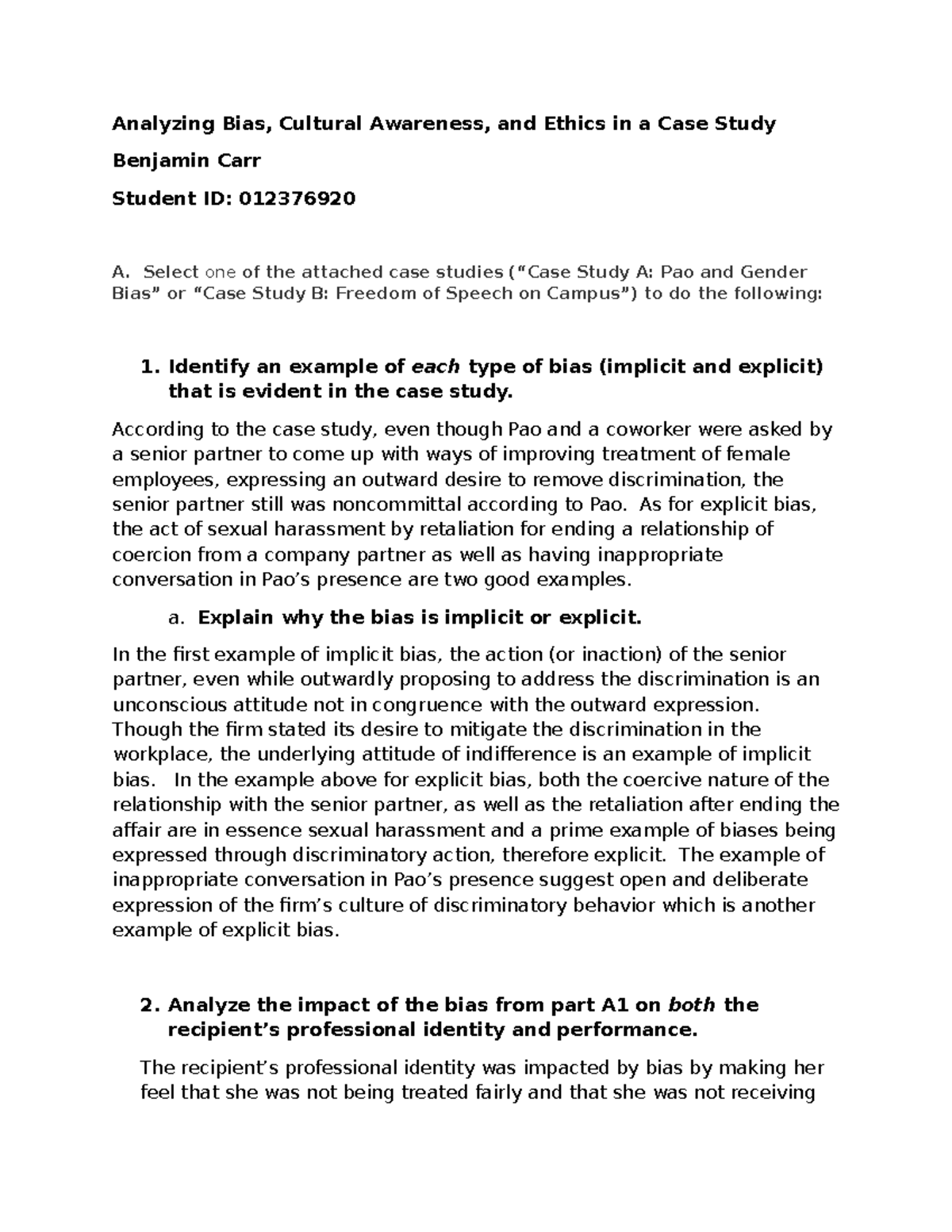 PSY 202 Case Study Analysis: Bias, Cultural Awareness, and Ethics - Studocu