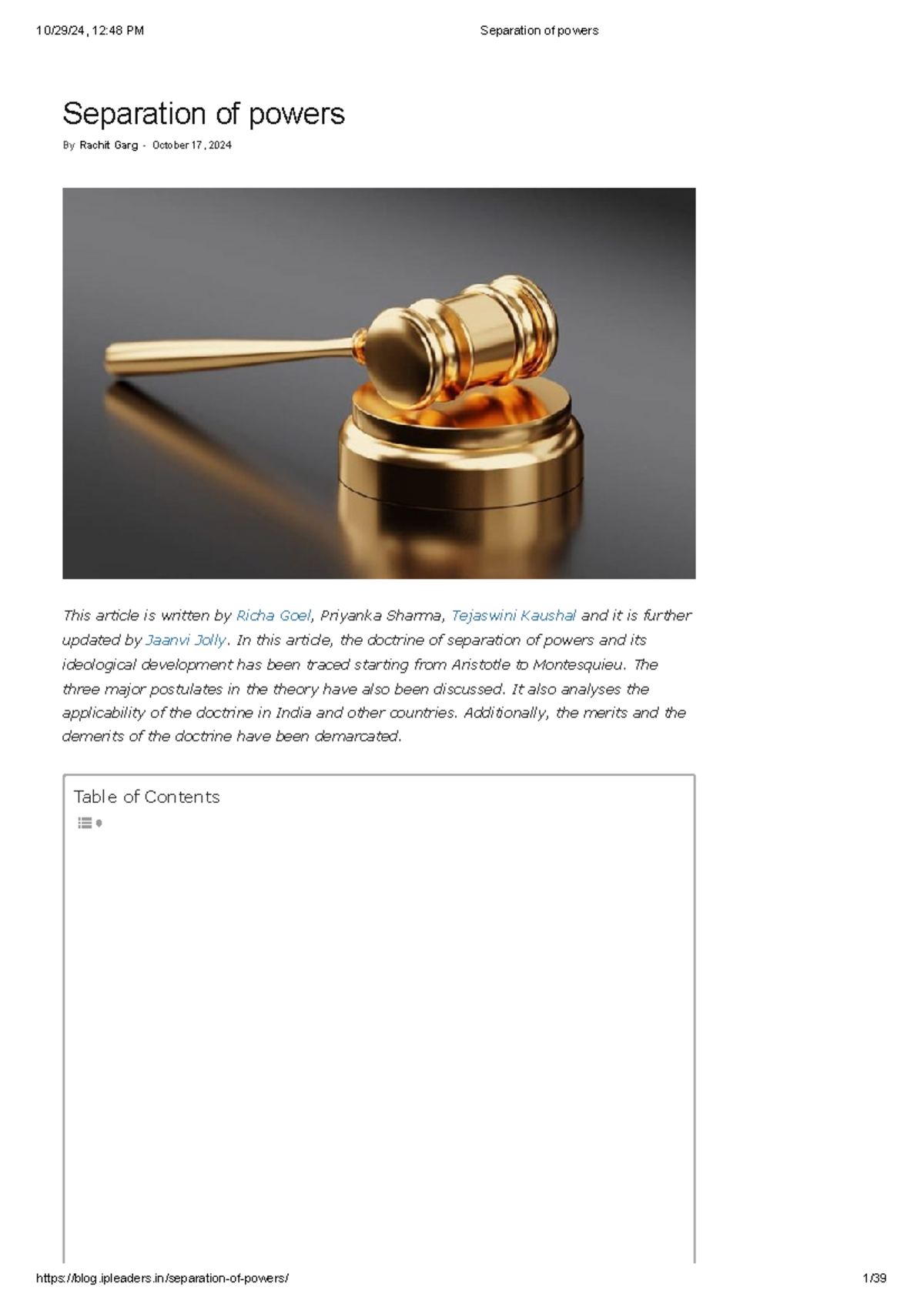 Separation of Powers: Comprehensive Notes for Law Course 101 - Studocu