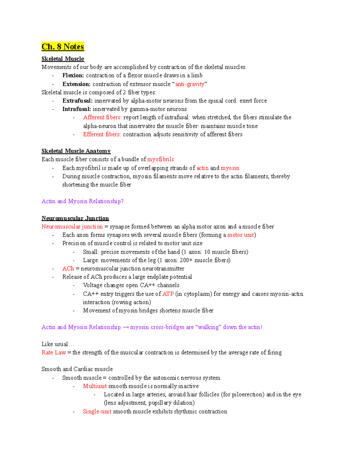 Physio Ch. 8 Skeletal Muscle and Motor Control Notes - Ch. 8 Notes ...