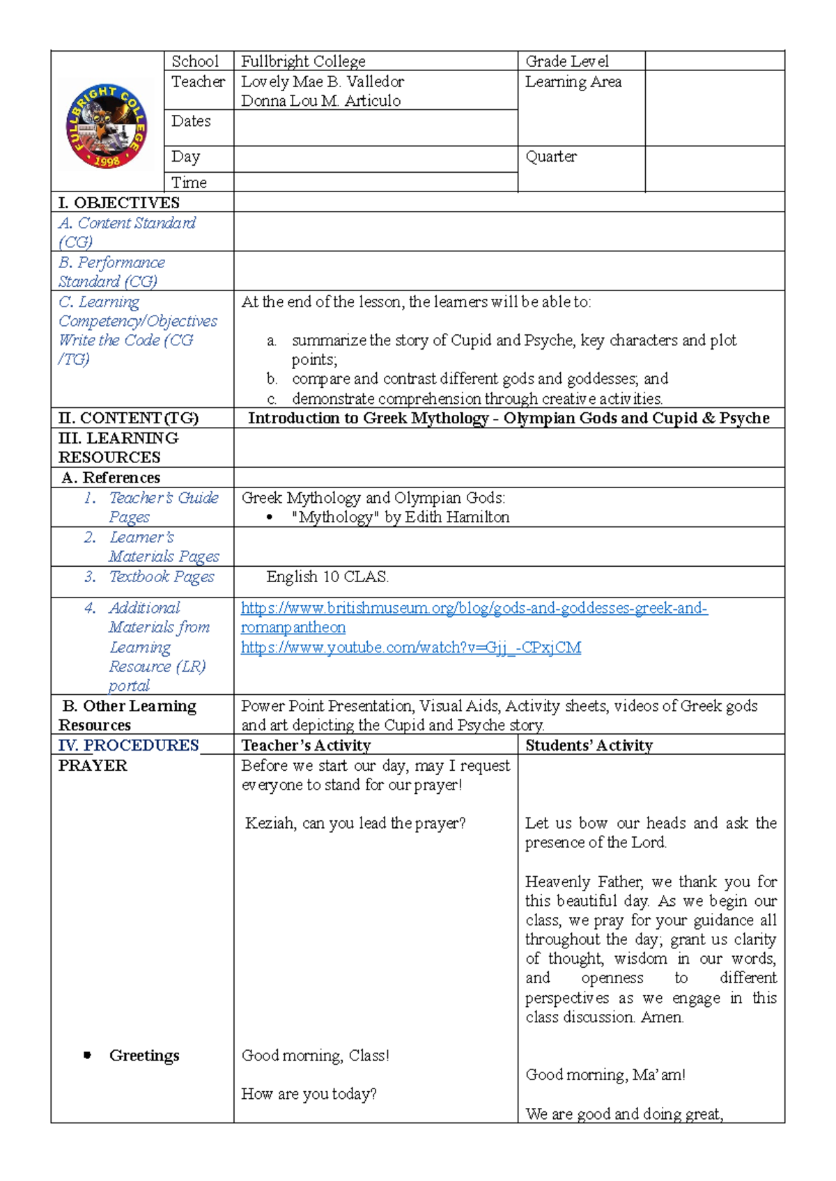 DLP- English 10 Lesson Plan: Exploring Greek Mythology and Cupid ...