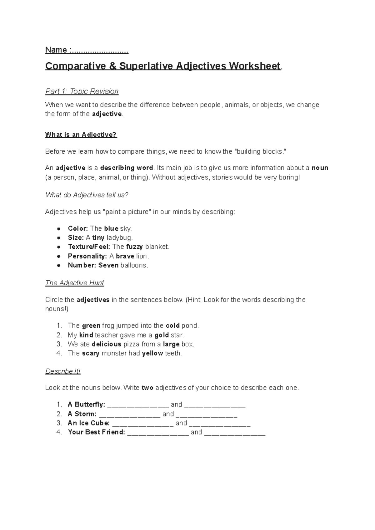 Comparative & Superlative Adjectives Worksheet: Revision Guide - Studocu