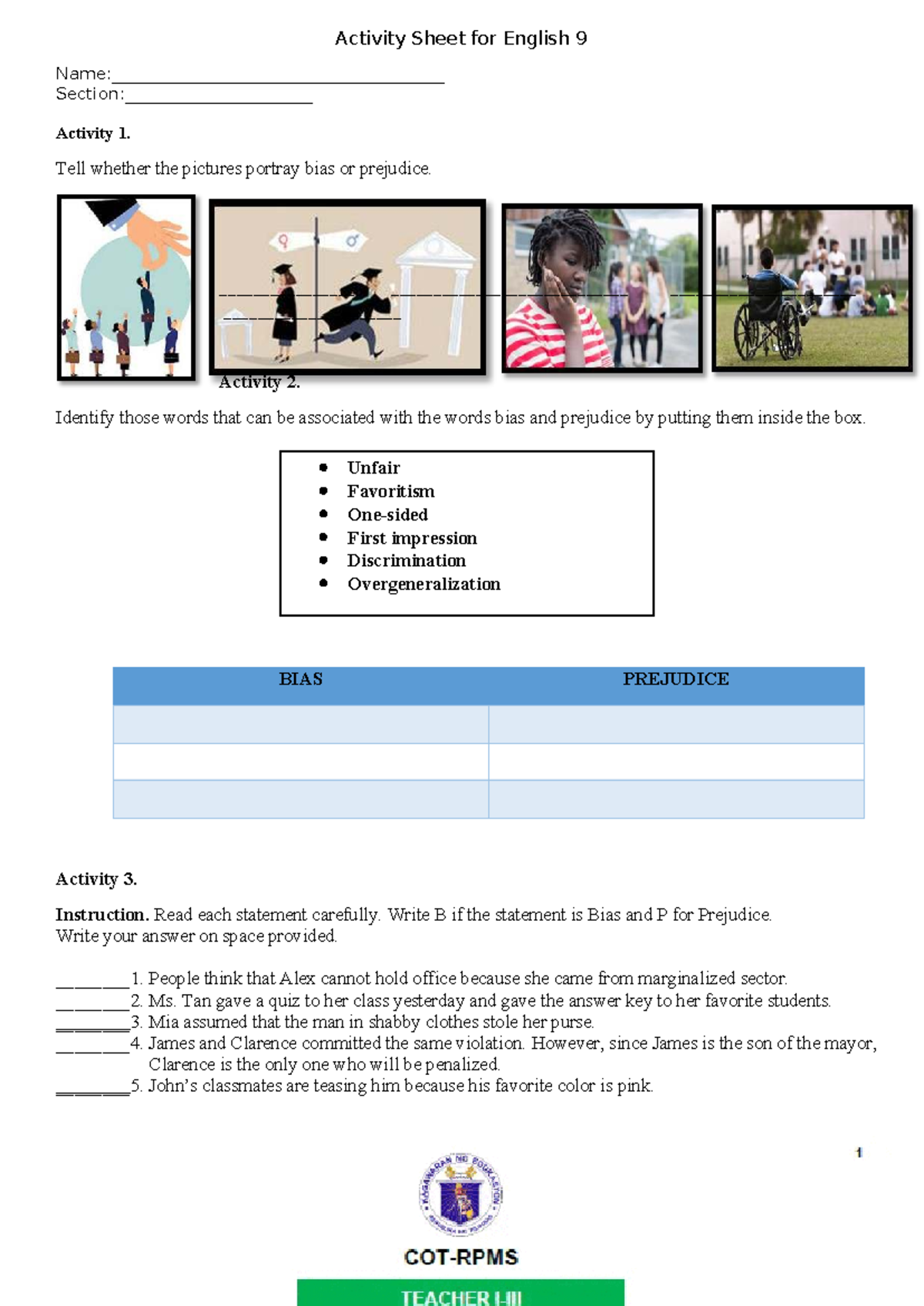 English 9 Activity Sheet: Bias vs. Prejudice Analysis - Studocu