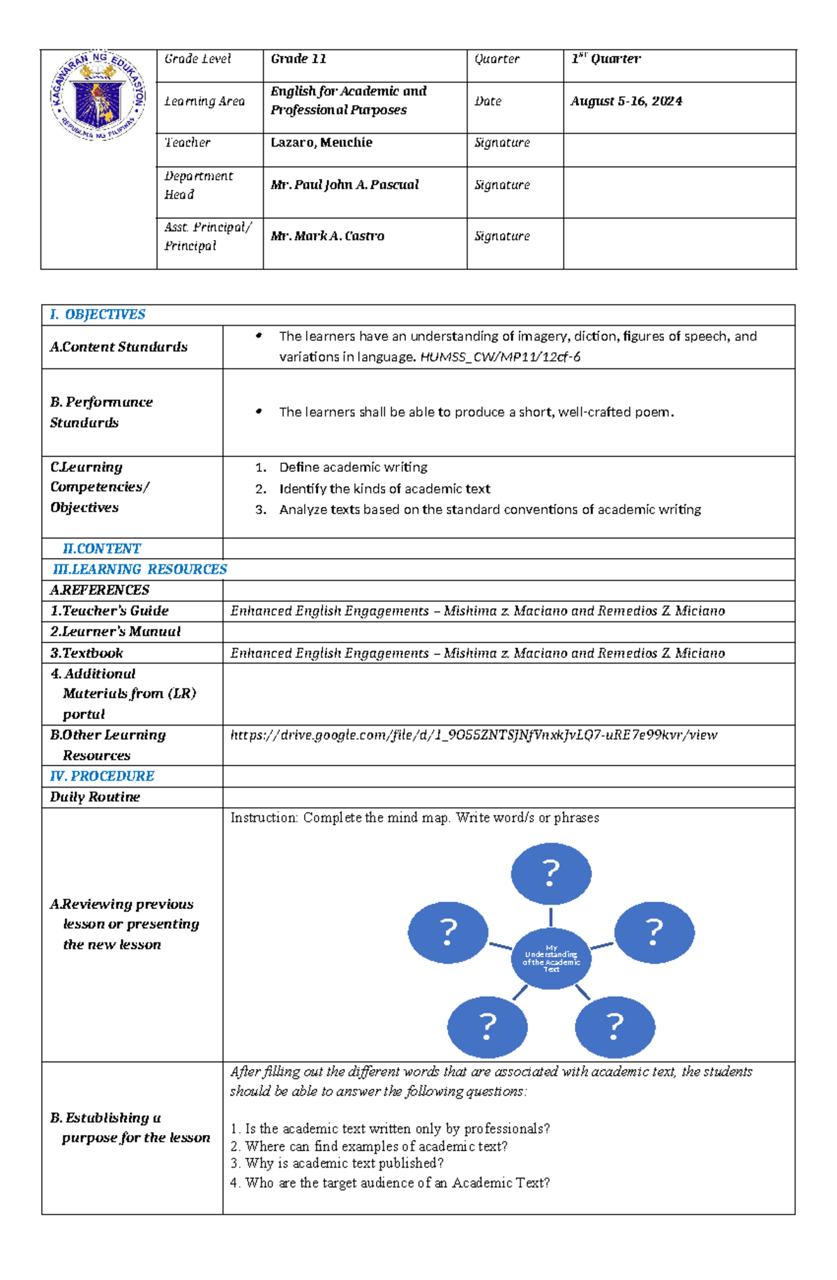 Lesson 1 Nature of Academic Text - Grade Level Grade 11 Quarter 1 ST ...