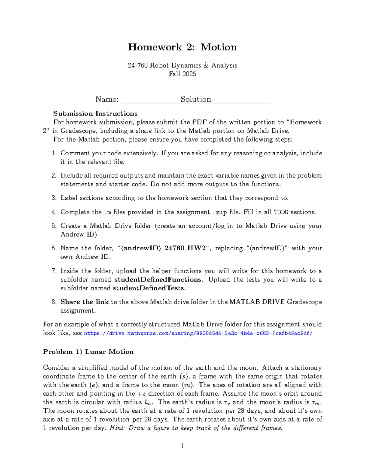 Robot Dynamics & Analysis Homework 2: Lunar Motion Solutions (24-760) - Studocu