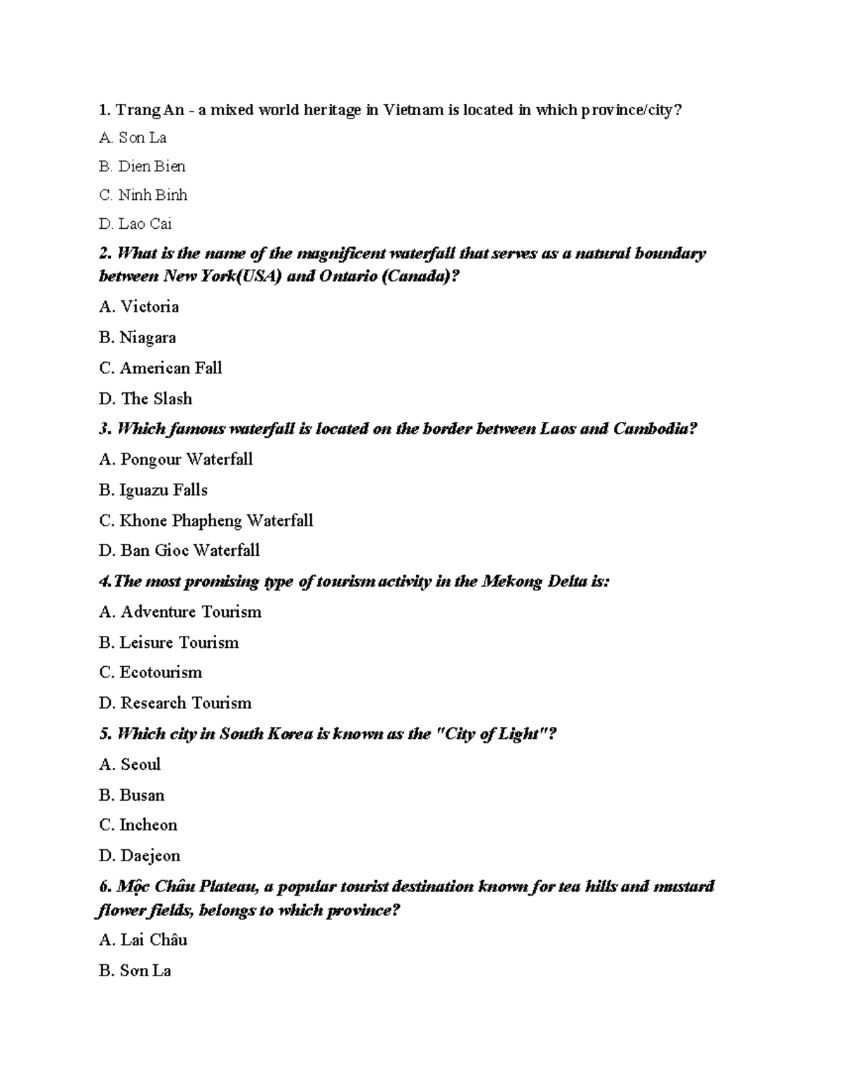 Review Questions 1 - Tourism Geography and Attractions in Southeast ...