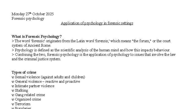 Forensic Psychology: Application in Criminal Justice Settings - Studocu