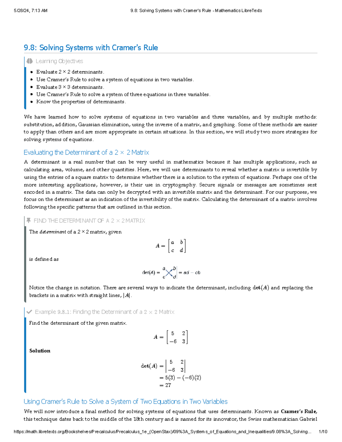 Math 101: Solving Systems of Equations with Cramer's Rule - Studocu