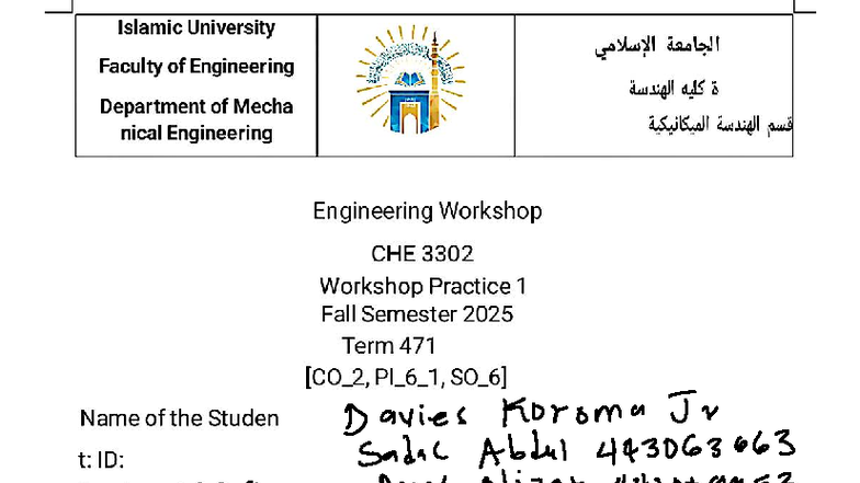 CHE 3302 Workshop Practice 1: Lathe Machine Operations Guide - Studocu