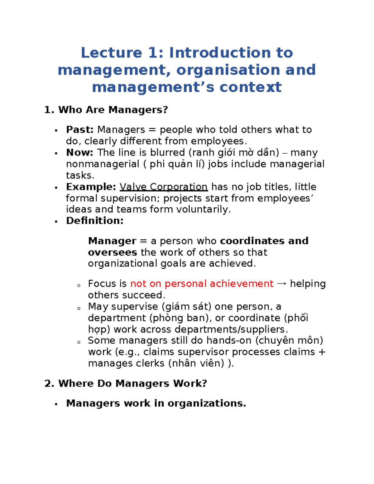 ITM 101: Lecture 1 - Intro to Management and Organizational Context - Studocu