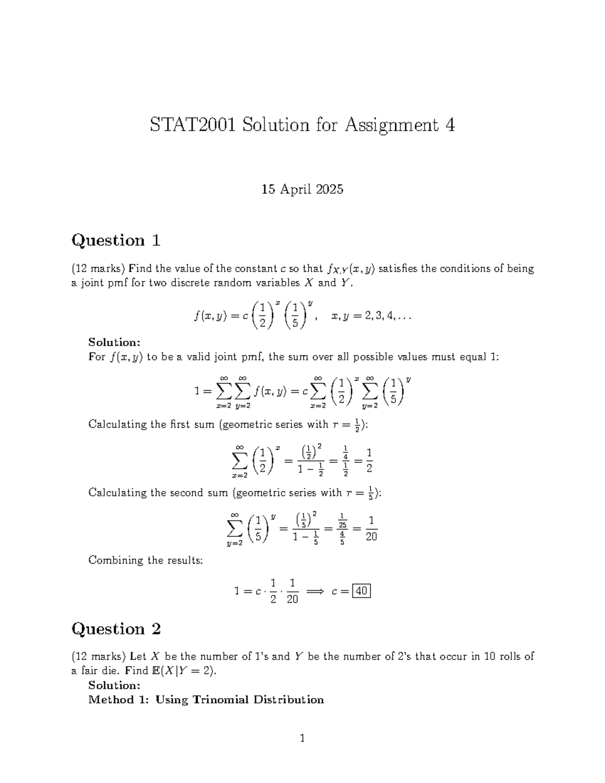STAT2001 Assignment 4 Solutions and Explanations - Studocu