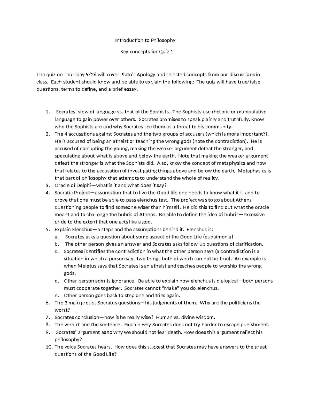 PHIL 101: Key Concepts for Quiz 1 on Socrates and the Sophists - Studocu