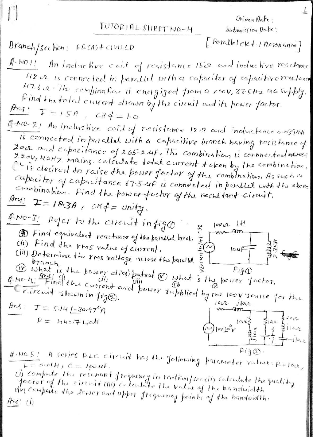 EECAST CIVILLD Tutorial 5: Parallel RLC Circuit Analysis - Studocu