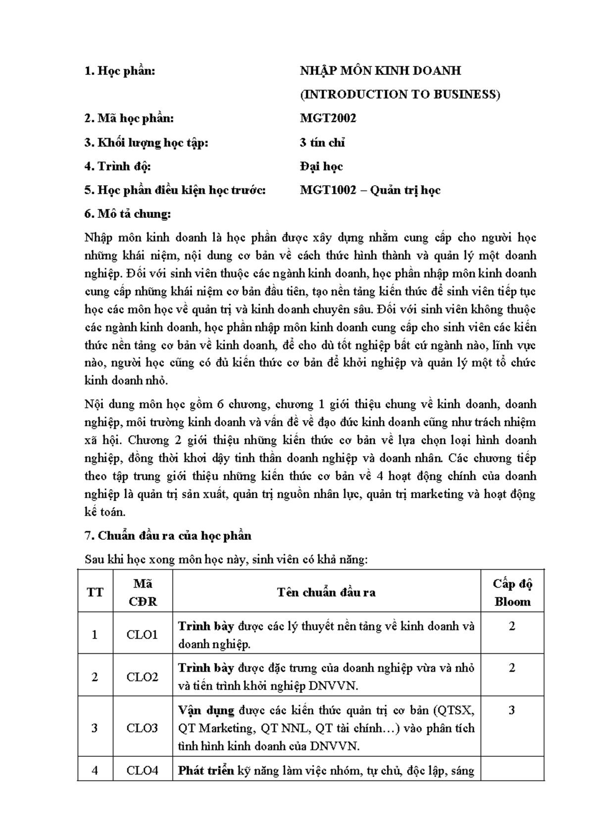 MGT - Nhập Môn Kinh Doanh - Syllabus 2024 và Nội Dung Khóa Học - Studocu