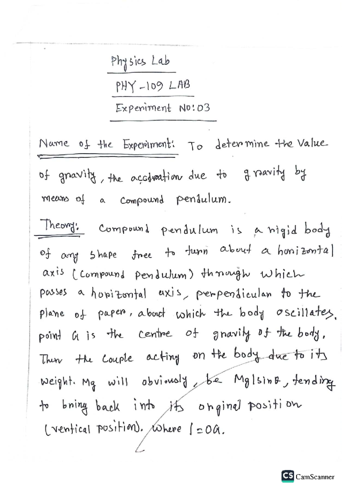 Experiment 03: Determining Gravity Using a Compound Pendulum - PHY 109 ...