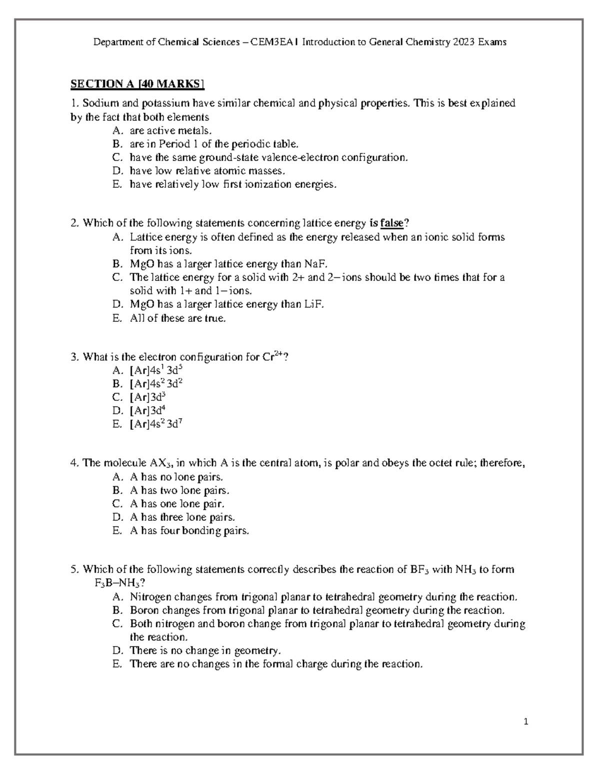 CEM3EA1 - Final Exam Paper on Chemical Properties and Reactions - Studocu