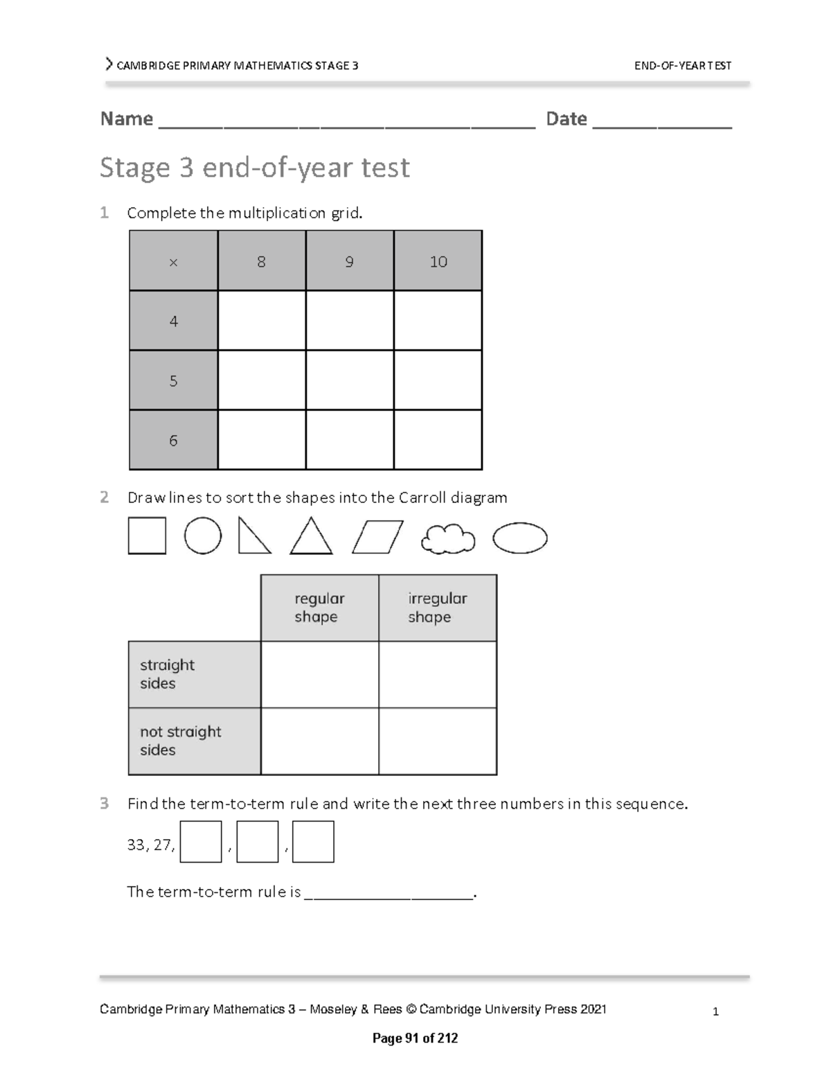 CAMBRIDGE PRIMARY MATHEMATICS STAGE 3 TEST - Multiplication & Shapes ...