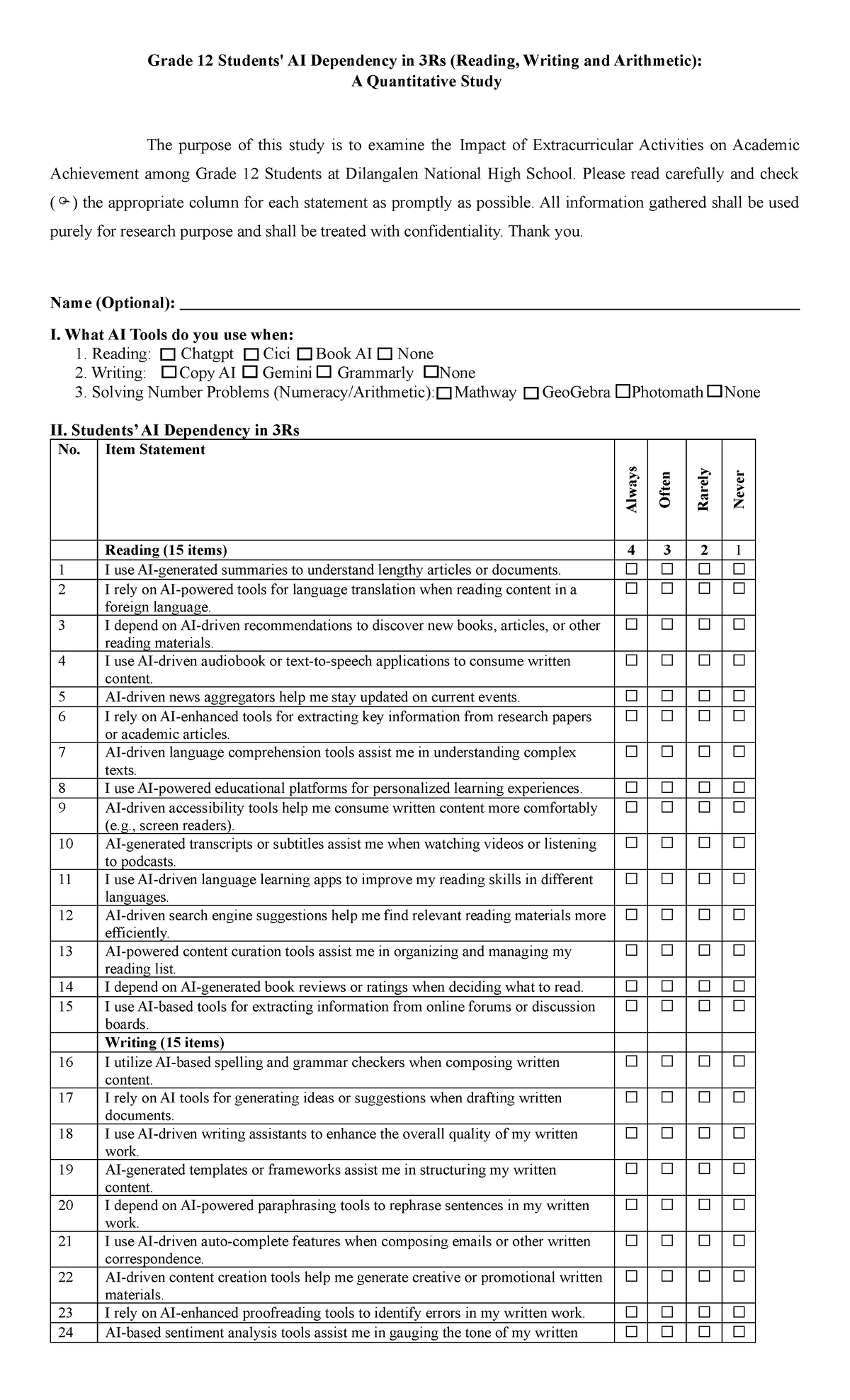 Grade 12 AI Dependency in 3Rs: Impact of Extracurriculars on ...