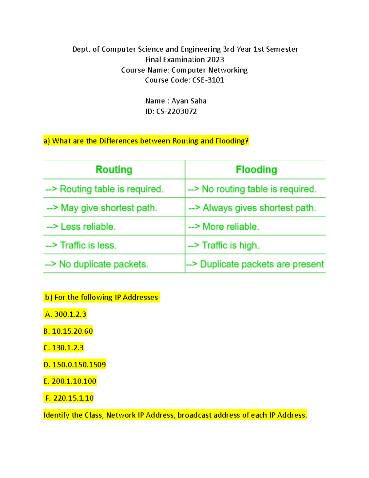 Networking Q&A Solutions for CSE 3rd Year Final Exam 2023 - Studocu