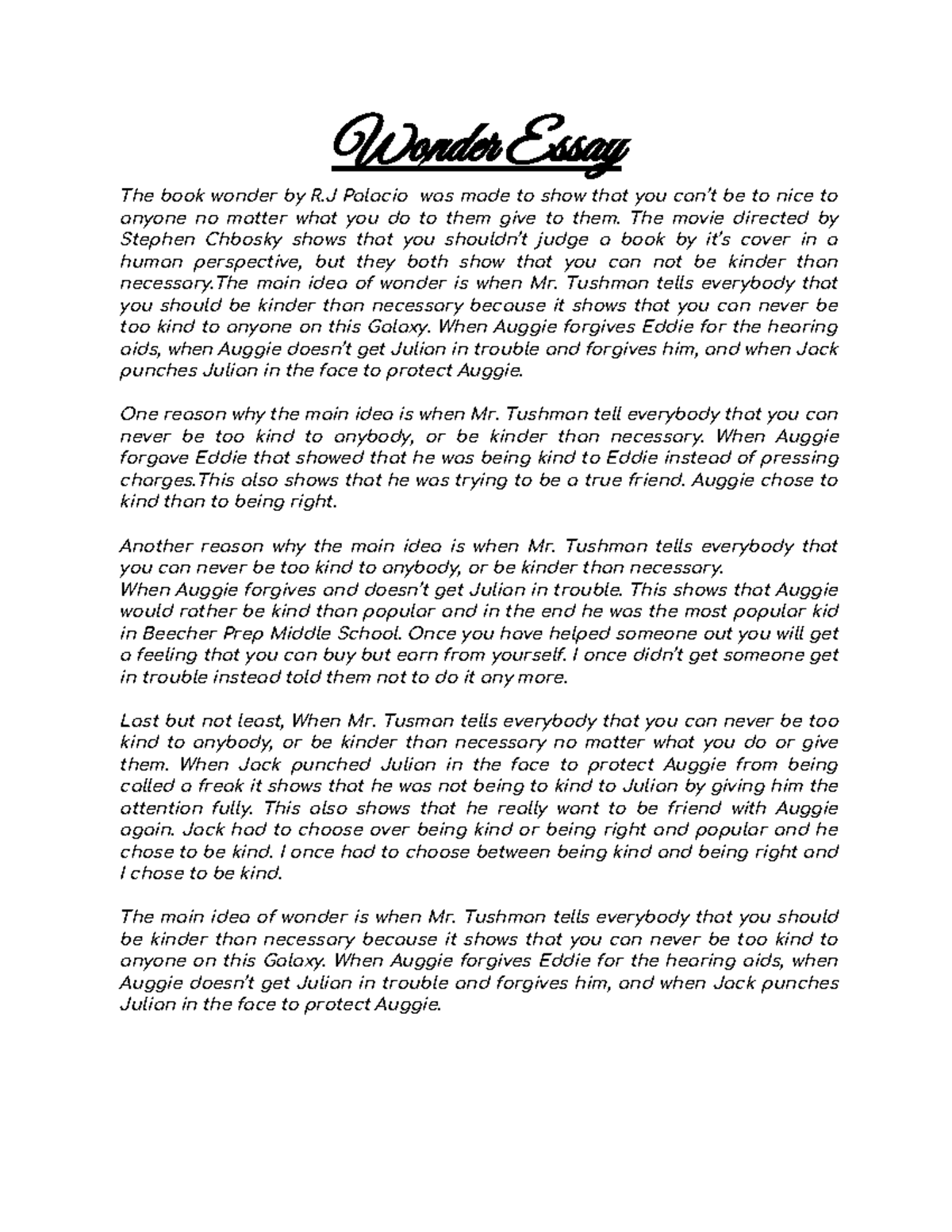 R.E. 101: Understanding Kindness in R.J. Palacio's "Wonder" Essay - Studocu