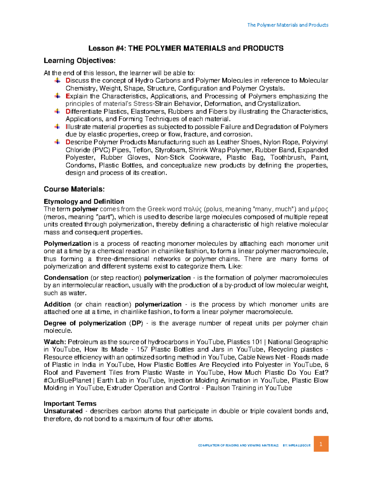 The Polymer Materials and Products 2021 - Lesson #4: THE POLYMER ...