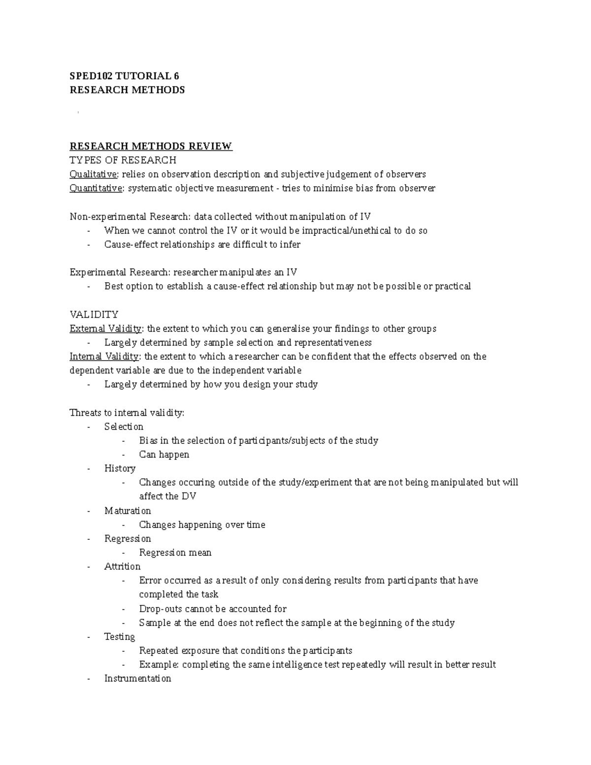 SPED102 Tutorial 6 - SPED102 TUTORIAL 6 RESEARCH METHODS RESEARCH ...