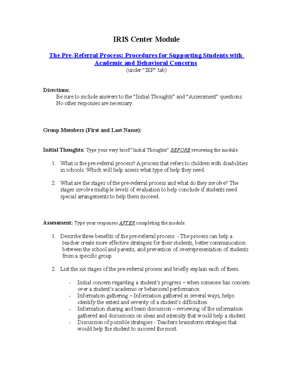 Pre-Referral Process - completed iris module assignment receiving a 100 ...